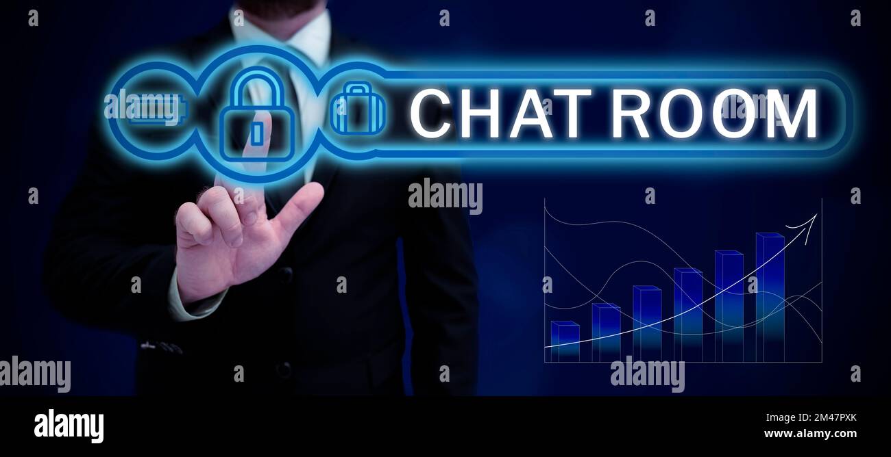 Hand writing sign Chat Room. Word for area on the Internet or computer ...