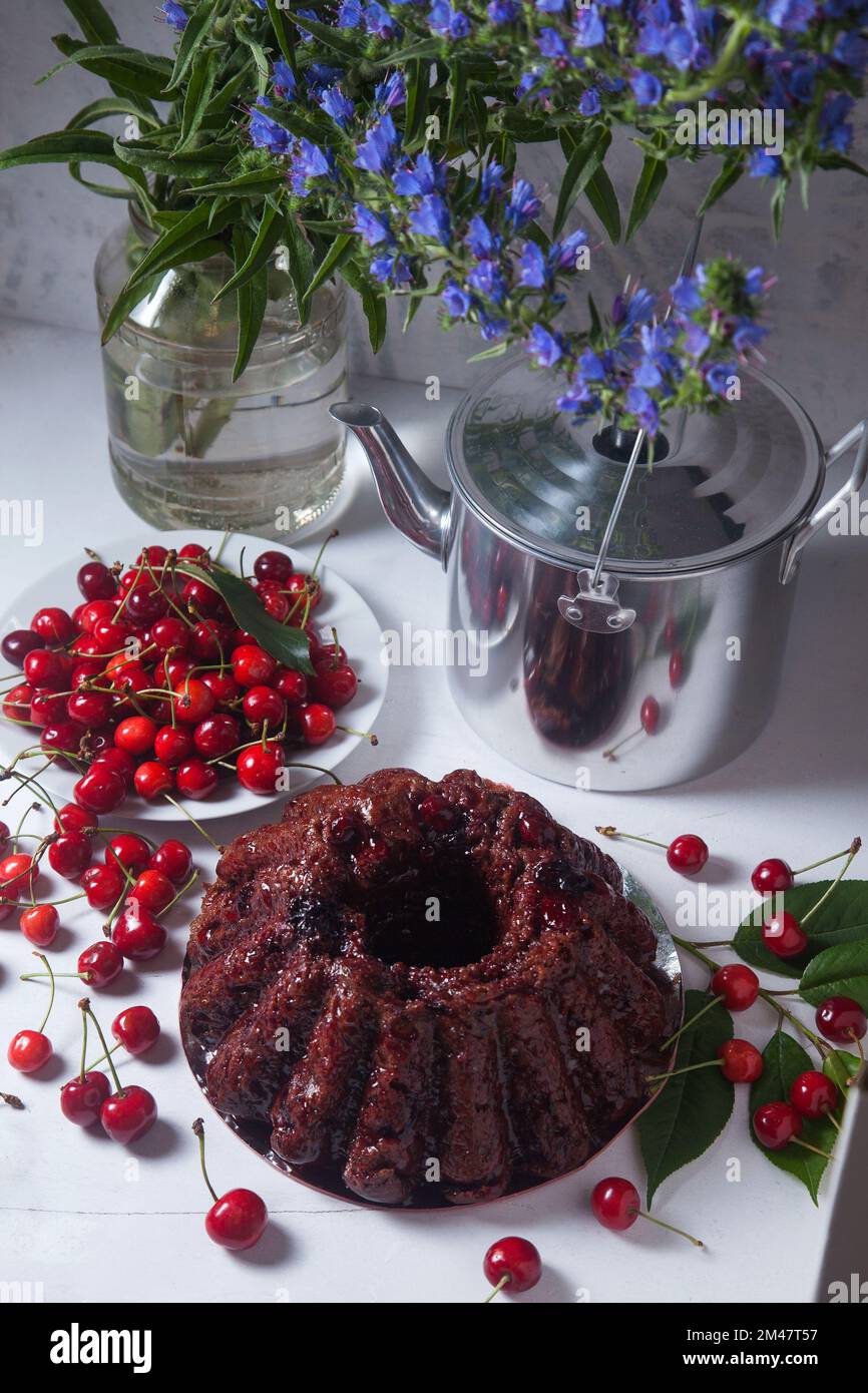 Composition on white background - delicious chocolate cake with sweet ...