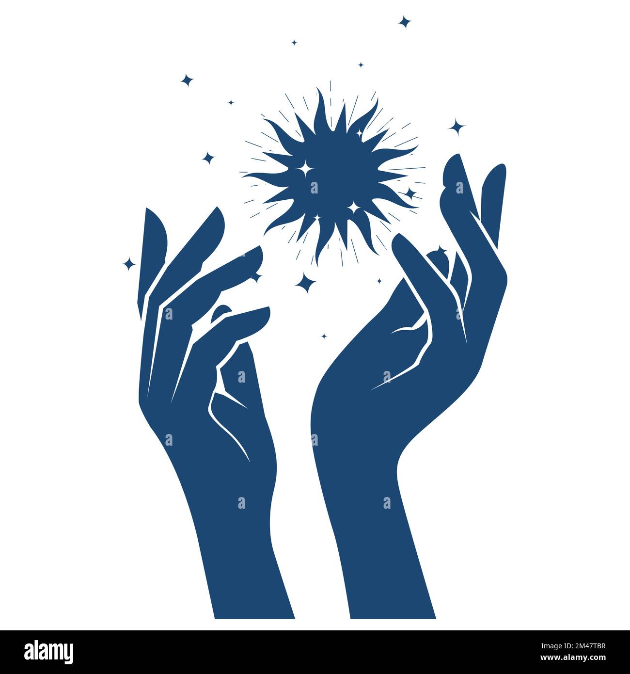 Magic, wizardry and fortune-telling, woman hands and starry sun ...