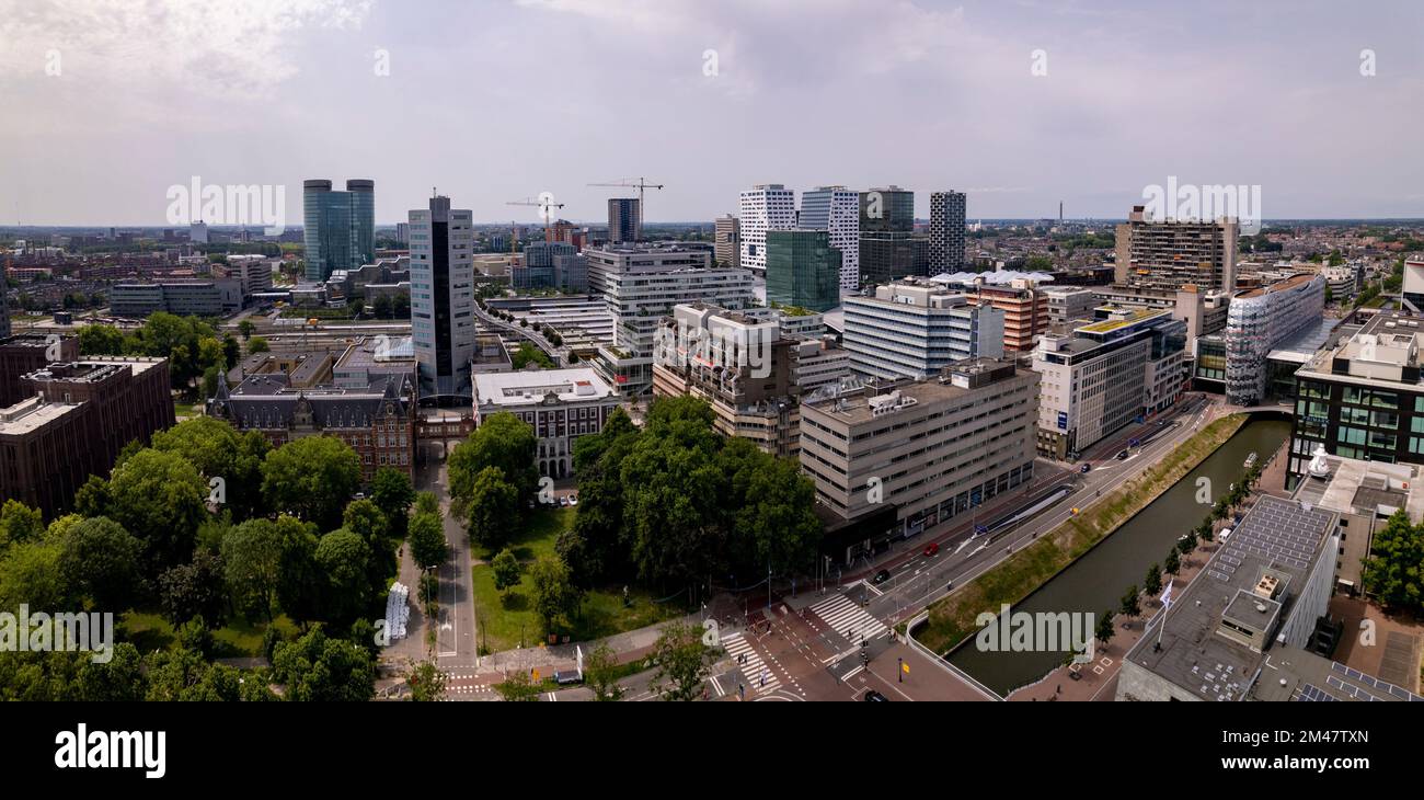 Aerial top down view of city centre and financial district of Utrecht ...