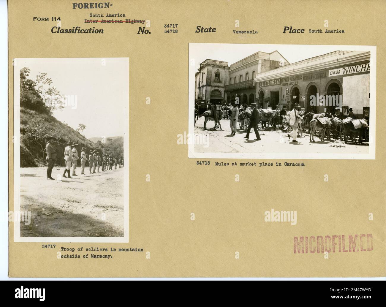 Troop of soldiers in mountains outside of Maracay; Mules at market ...