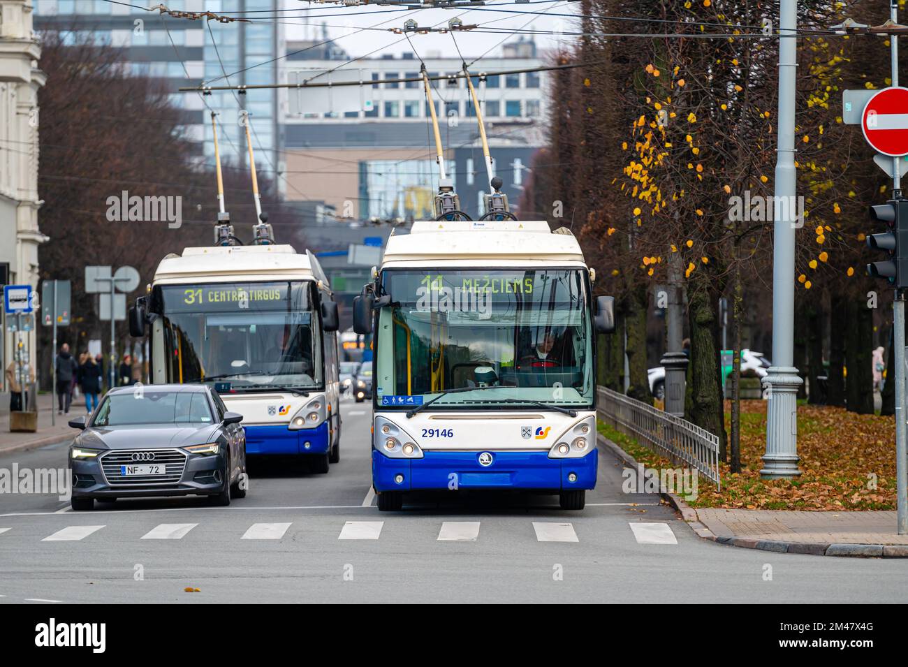 Riga, Latvia - November 4, 2022: Public trolley traffic on city center ...