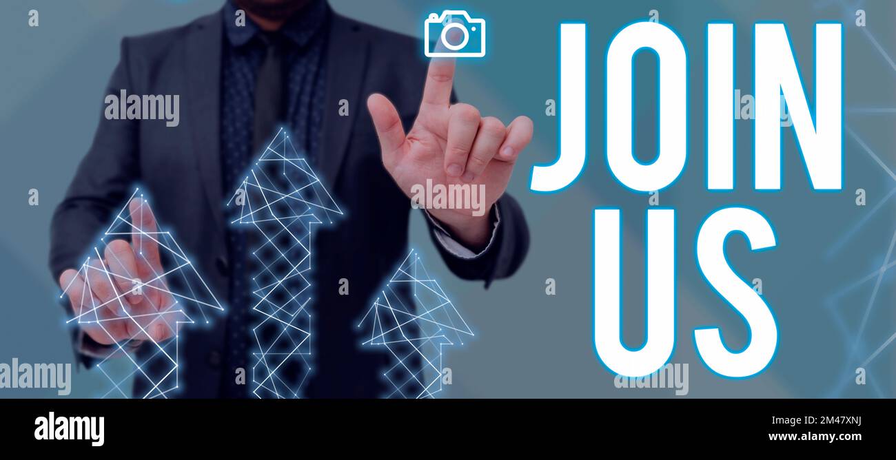 Text caption presenting Join Us. Business idea Register in community ...