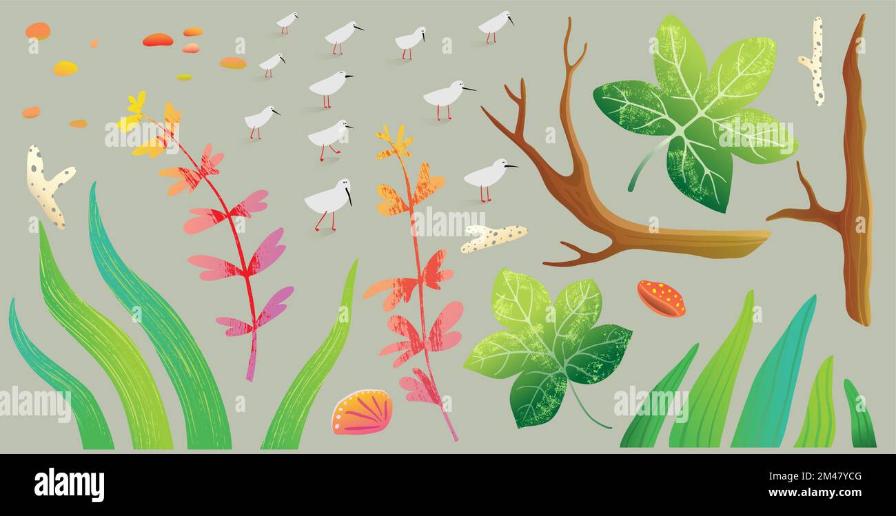 Nature Branches Leaves Birds Clipart Collection Stock Vector Image ...