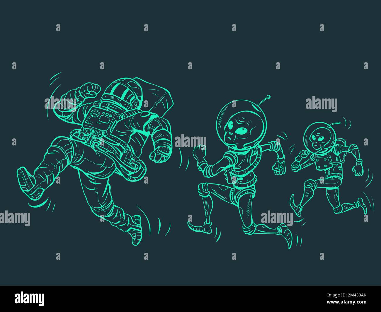 Aliens are chasing an astronaut. Kidnapping. UFOs and ufology Stock ...