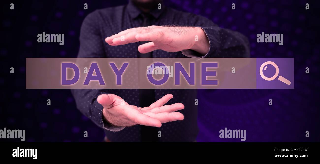 Conceptual caption Day One. Concept meaning Start moment First step ...