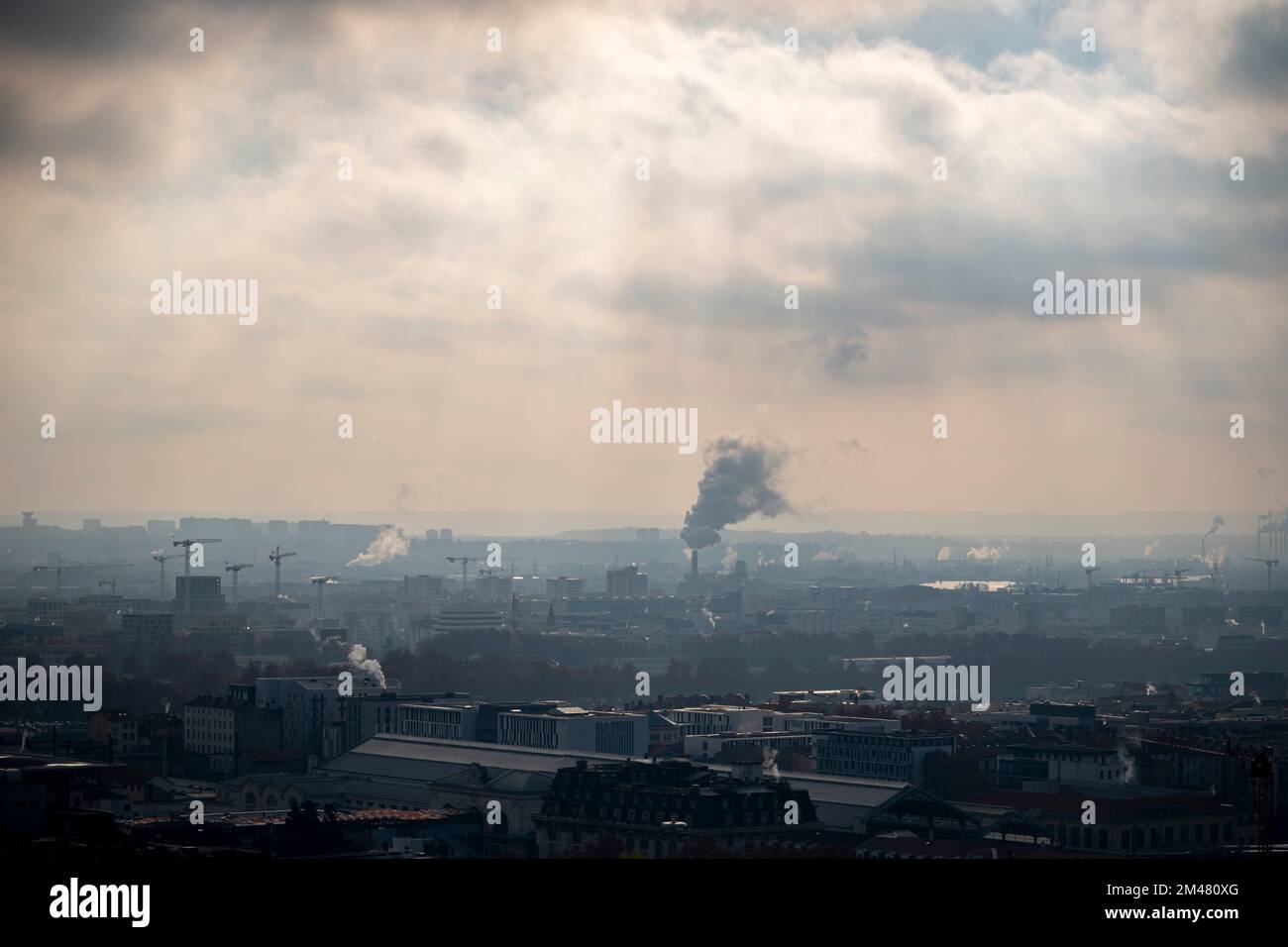Urban smog, atmosphere polluted by smoke rising from the chimneys in ...