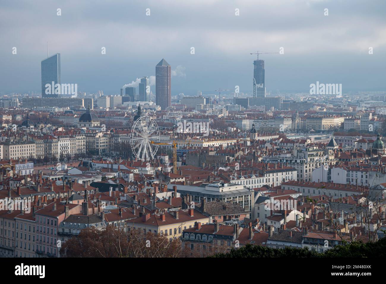 View of the city of Lyon with the Radisson Hotel and a building under ...