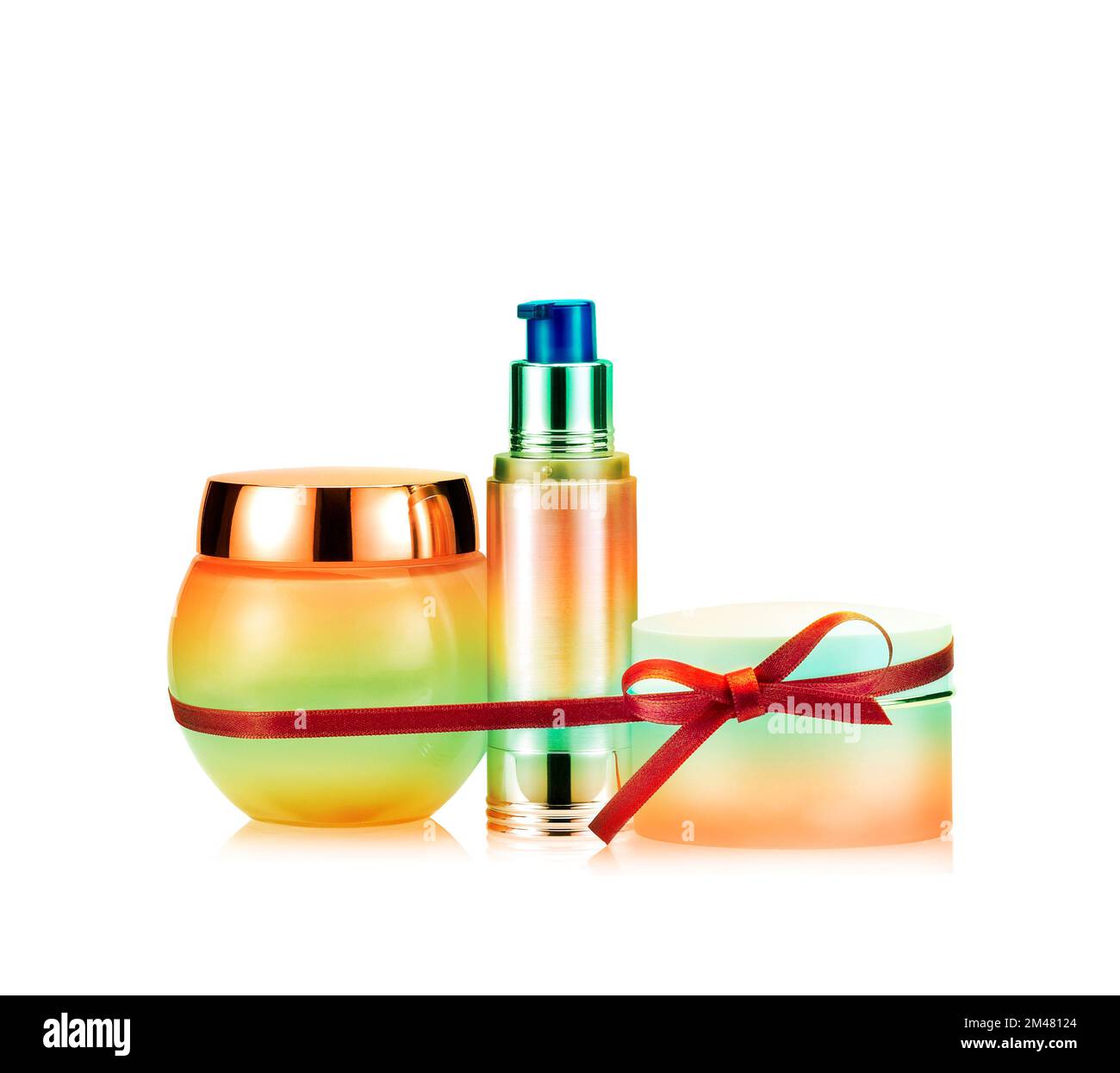 Set of cosmetics in a colorful color gift concept. White background ...
