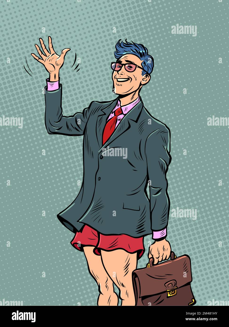 Funny pop art businessman in shorts and suit. morning, collection to ...