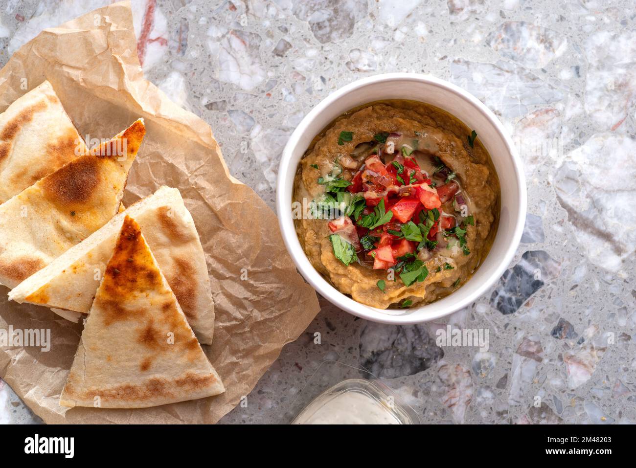 Pita with assorted traditional greek dips vegetable caviar specialty ...