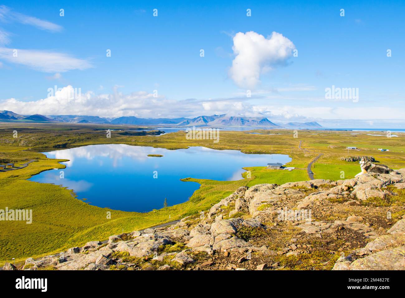 Green Landscape with Lake and Sky with Clouds Beautiful Helgafell ... Green Landscape with Lake and Sky with Clouds Beautiful Helgafell ...