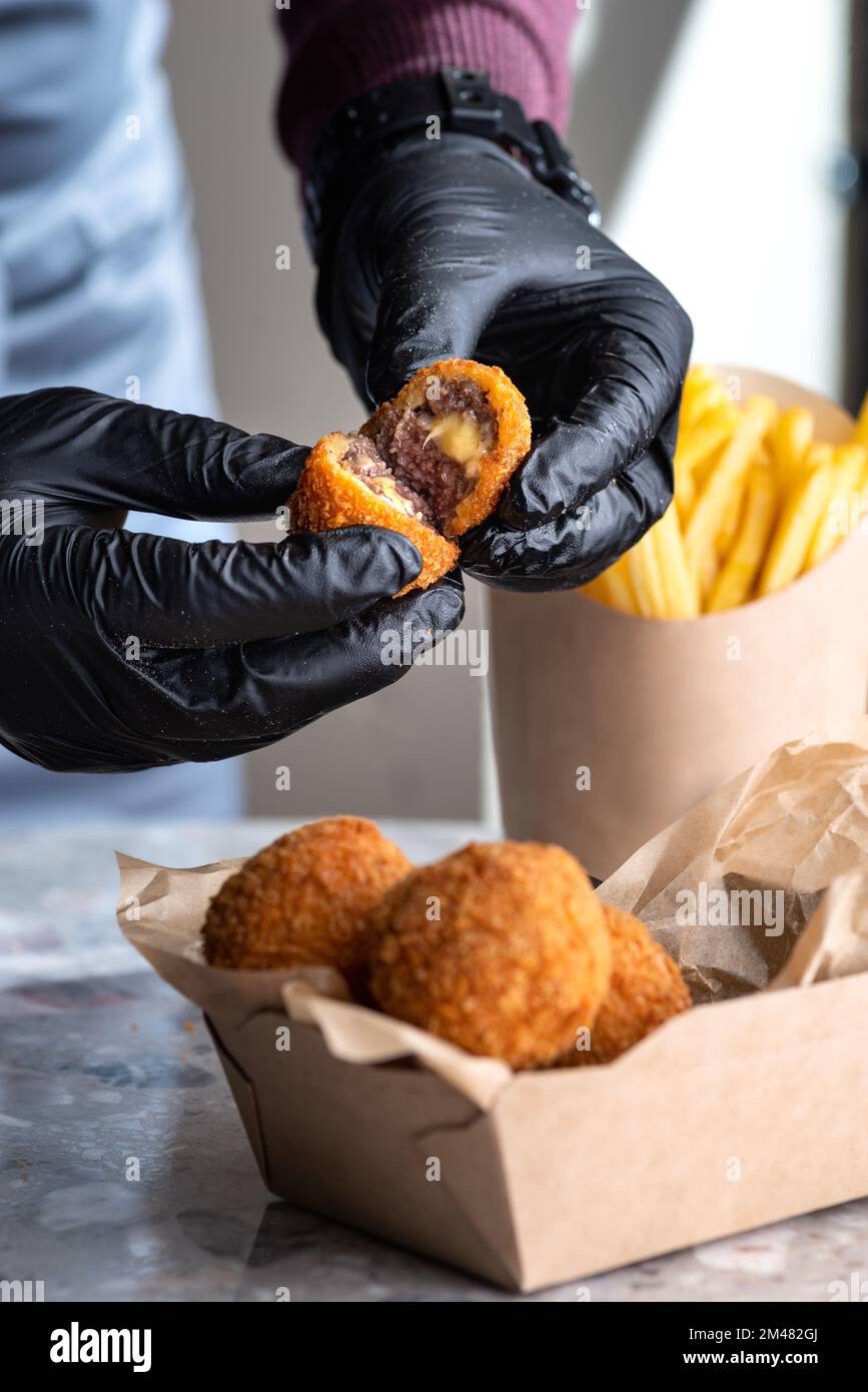 Meat beef balls, ingredients smoked beef, milk, flour, cheese filled ...