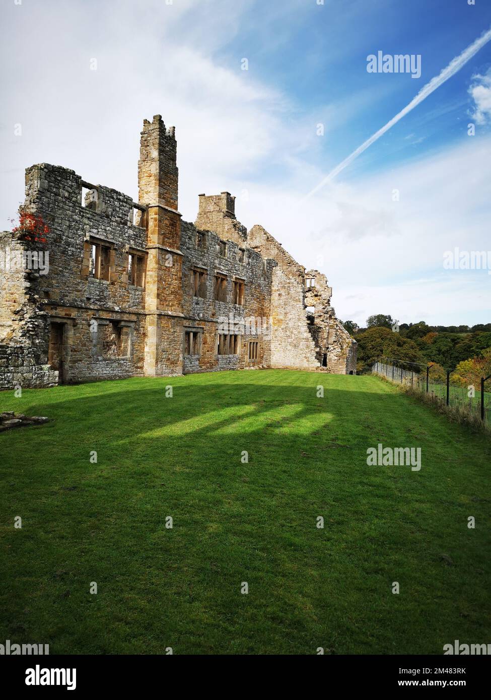 A large stone building called Egglestone Abbey in the field Stock Photo ...
