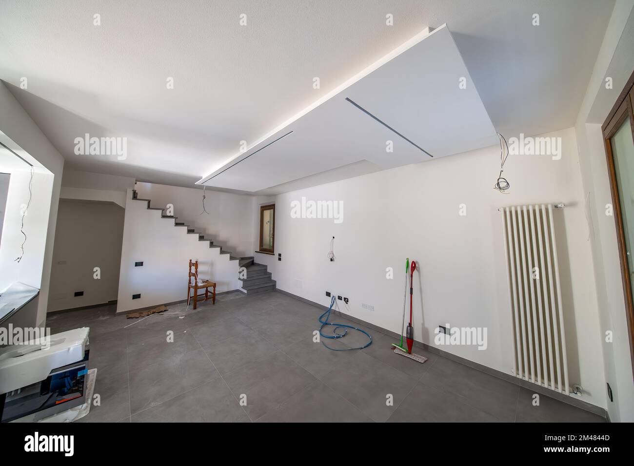 Drywall ceiling under construction, ready for led strips illumination ...