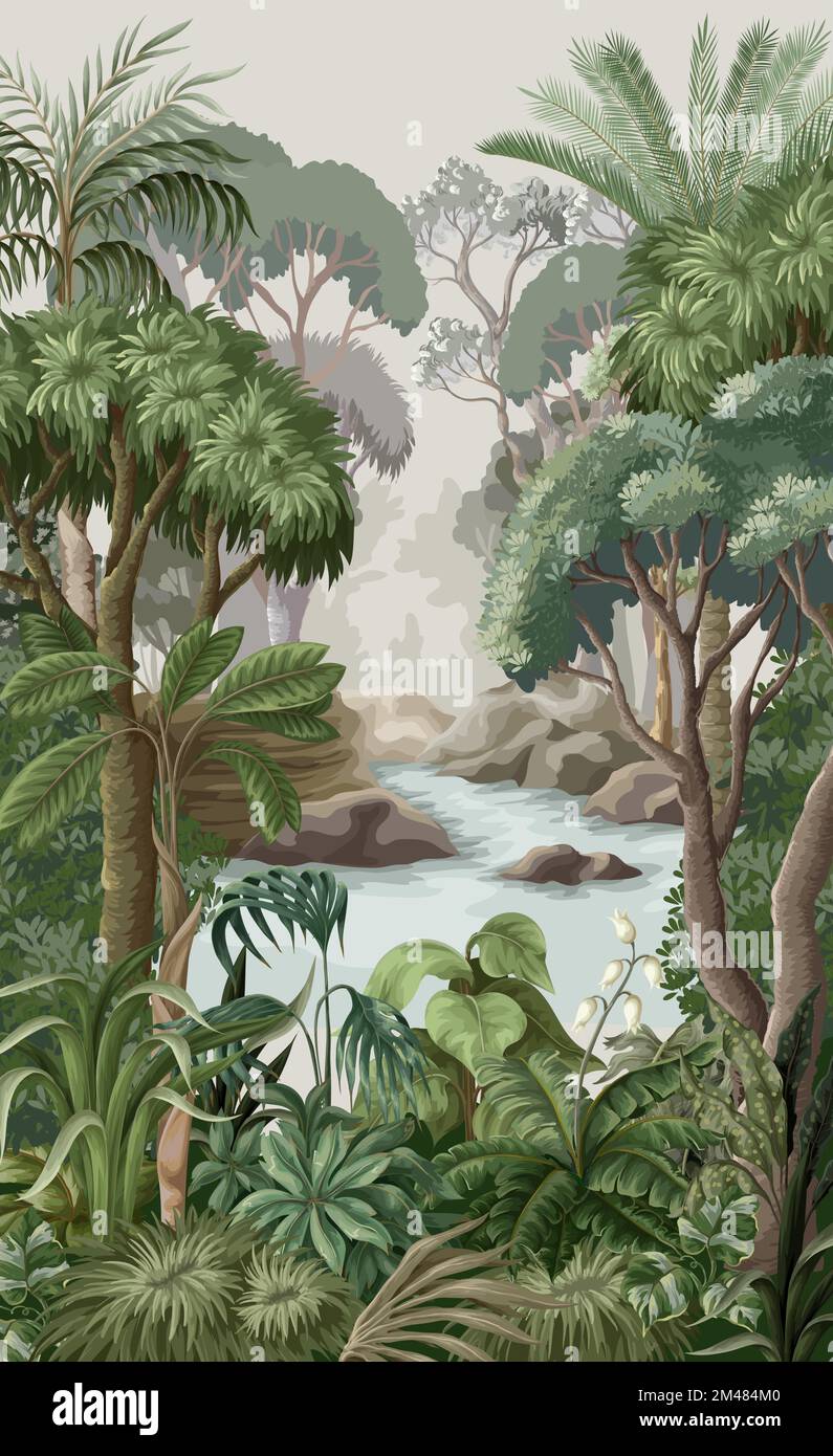 Jungle landscape with trees and plants. Vector interior print Stock ...