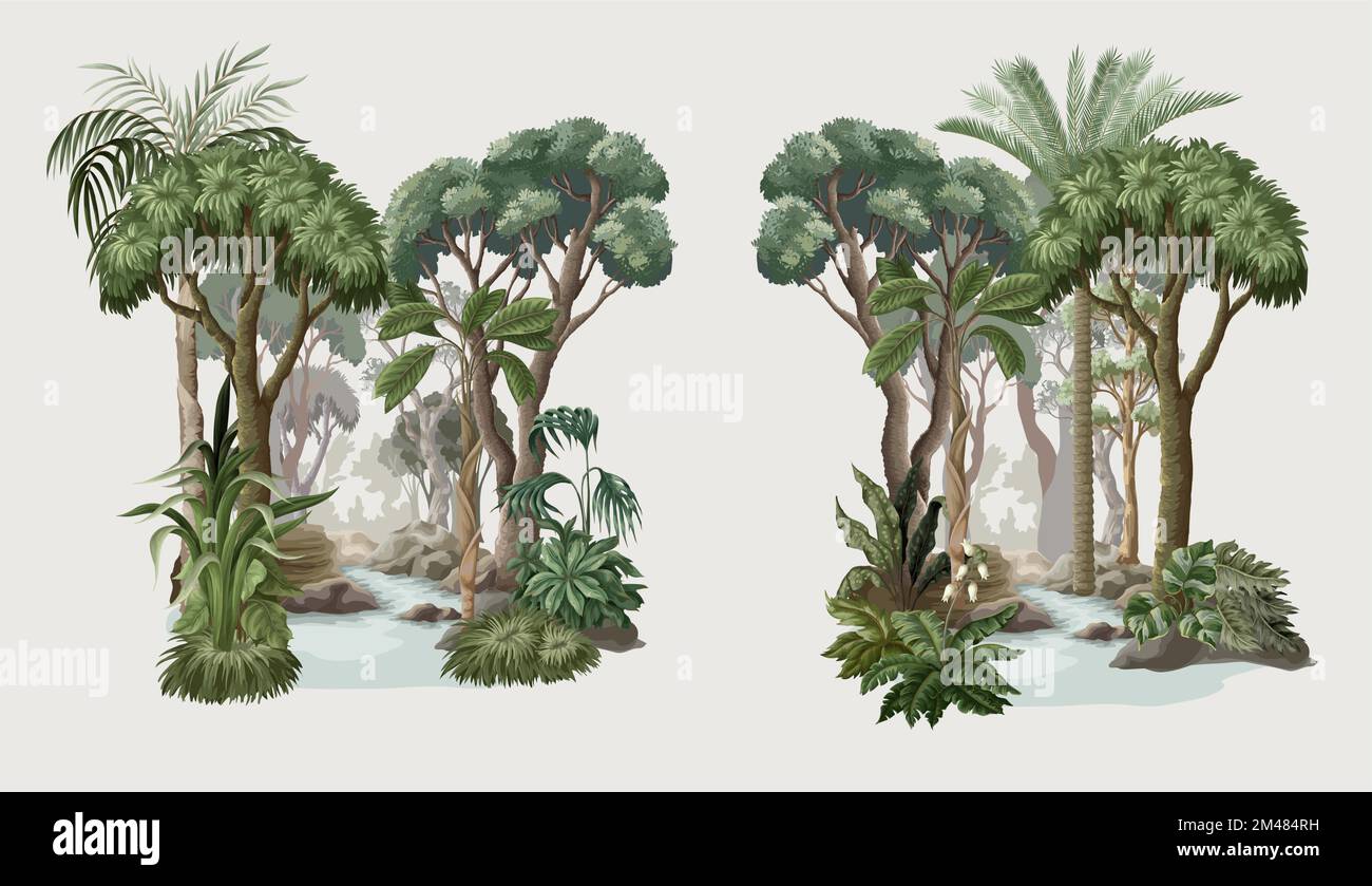 Jungle landscape with trees and plants. Vector interior print Stock ...