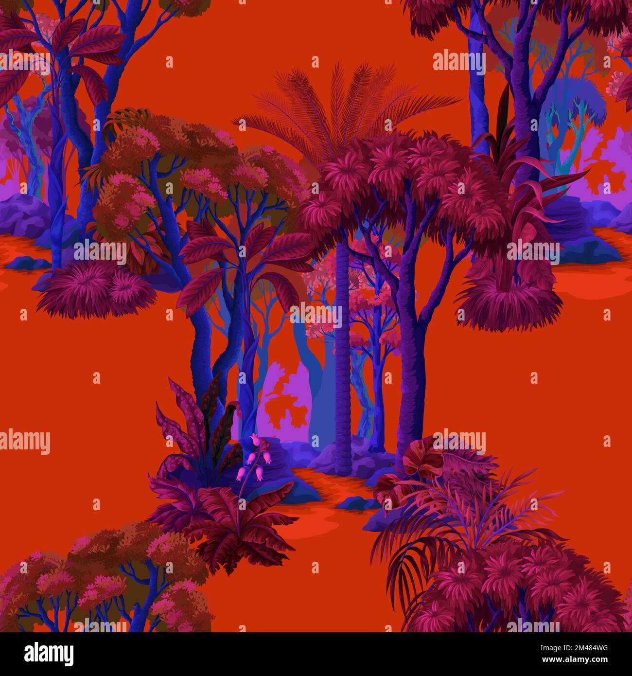 Seamless pattern with vivid trees and plants. Vector interior print ...