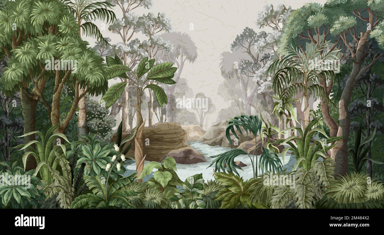 Jungle landscape with trees and plants. Vector interior print Stock ...