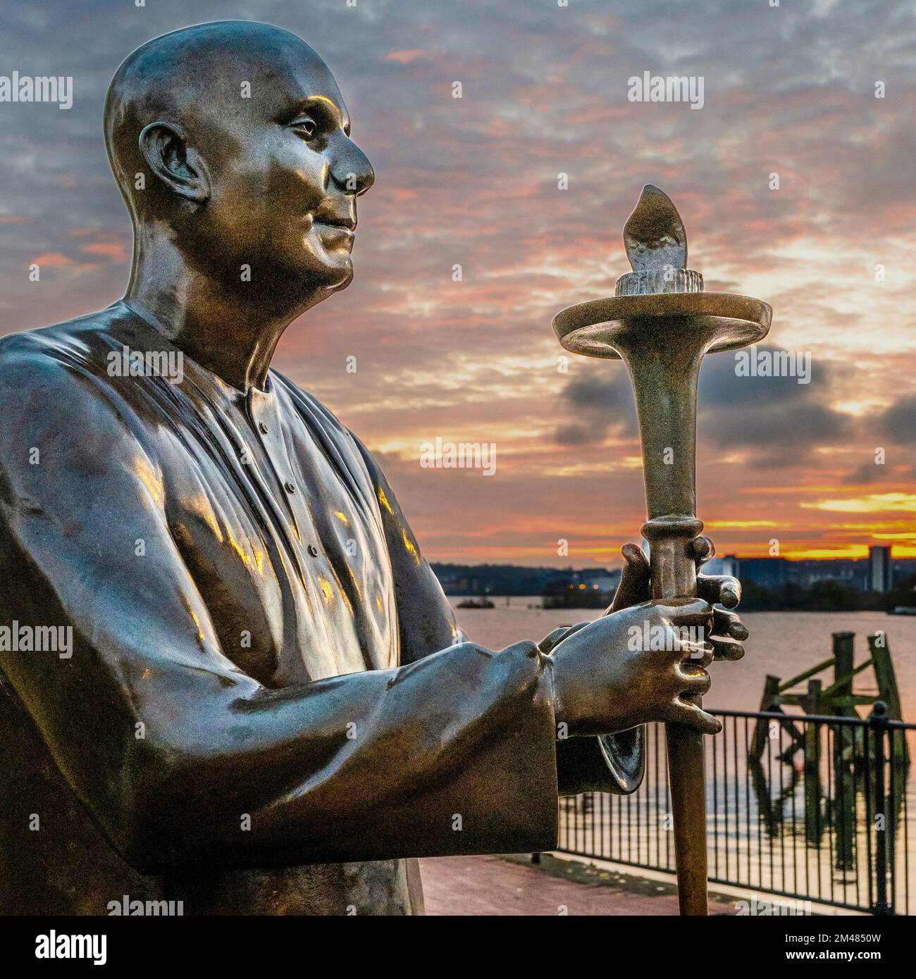 World Harmony Peace Statue in Cardiff Bay at sunset. Close up of statue ...