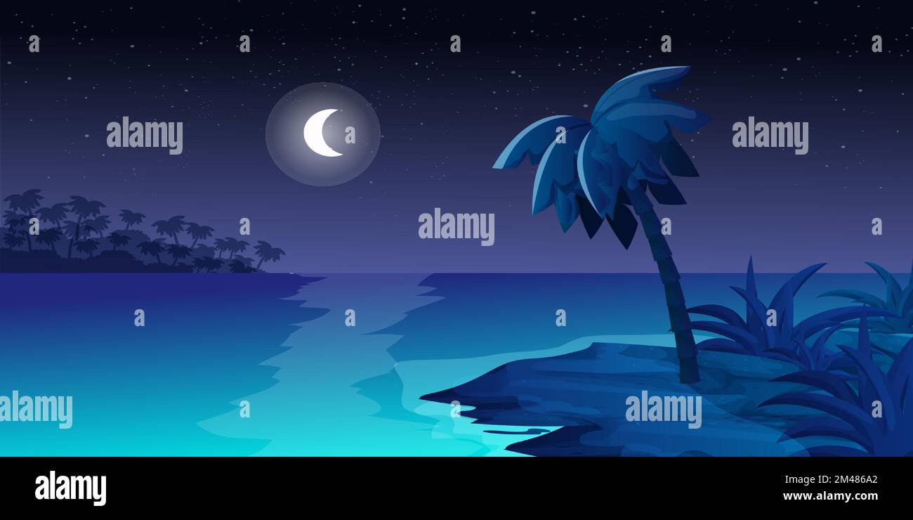 Tropic island, ocean scene at night, moon and stars, sand and palm tree ...