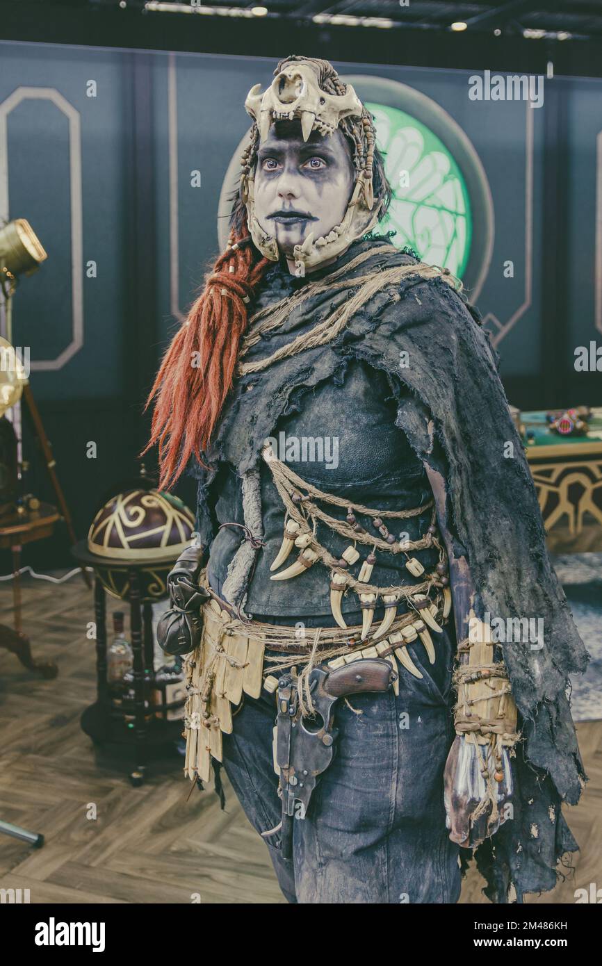 A portrait of a female cosplayer wearing a bones costume at the Comic ...