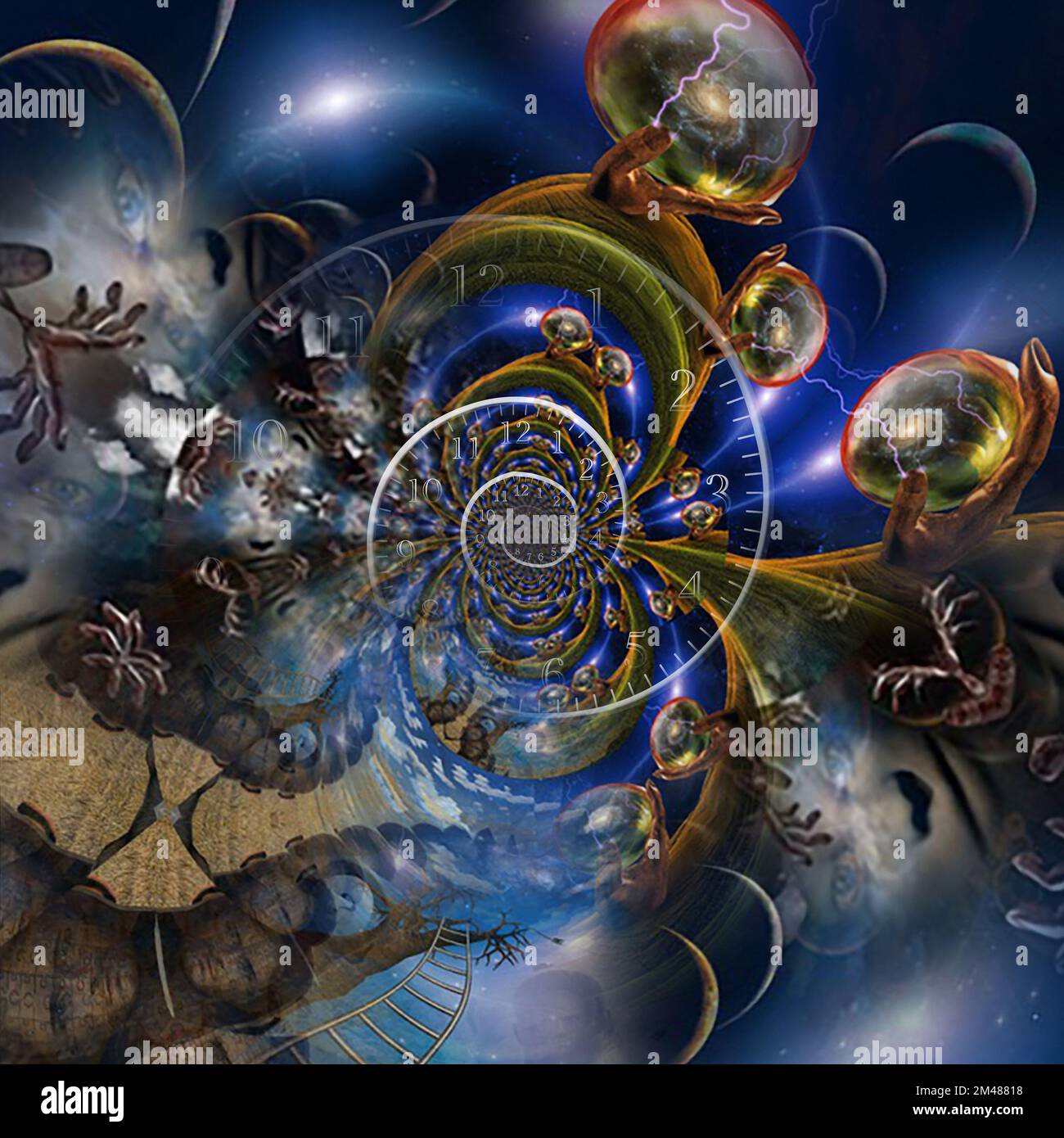 Multiverse in giants hands. Time spirals. 3D rendering Stock Photo - Alamy