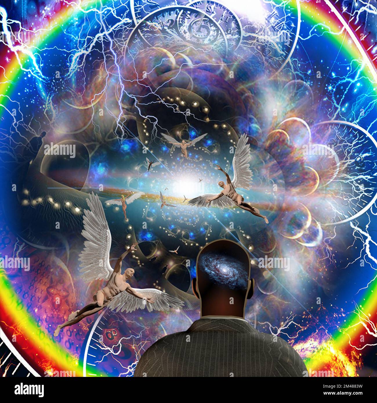 Surrealism and symbolism. Angels and man with galaxy inside his head ...