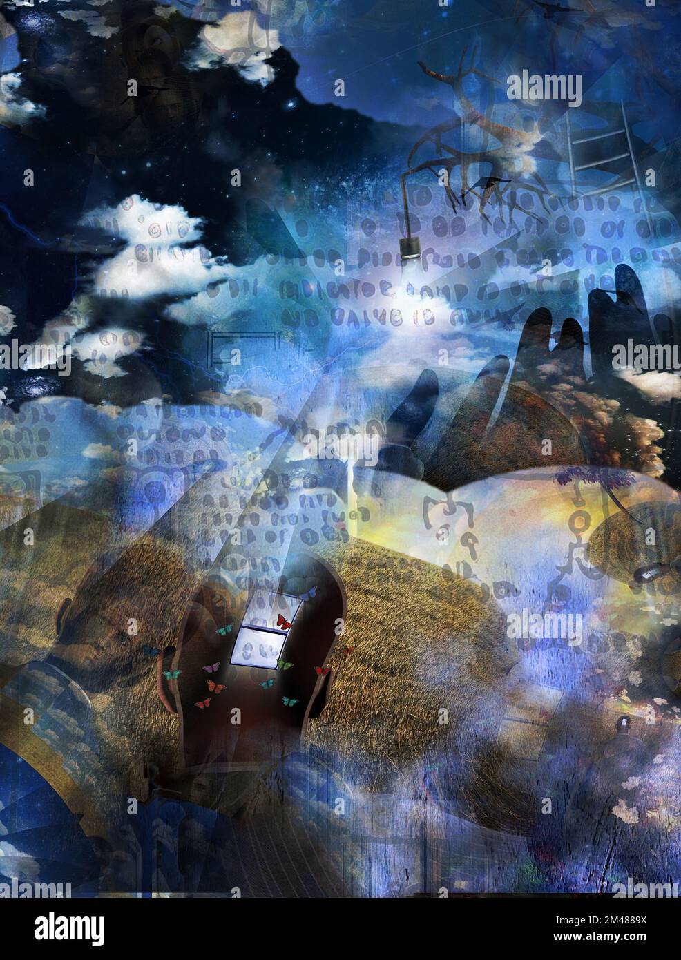 Surreal composition with human hands silhouette and ancient script or ...