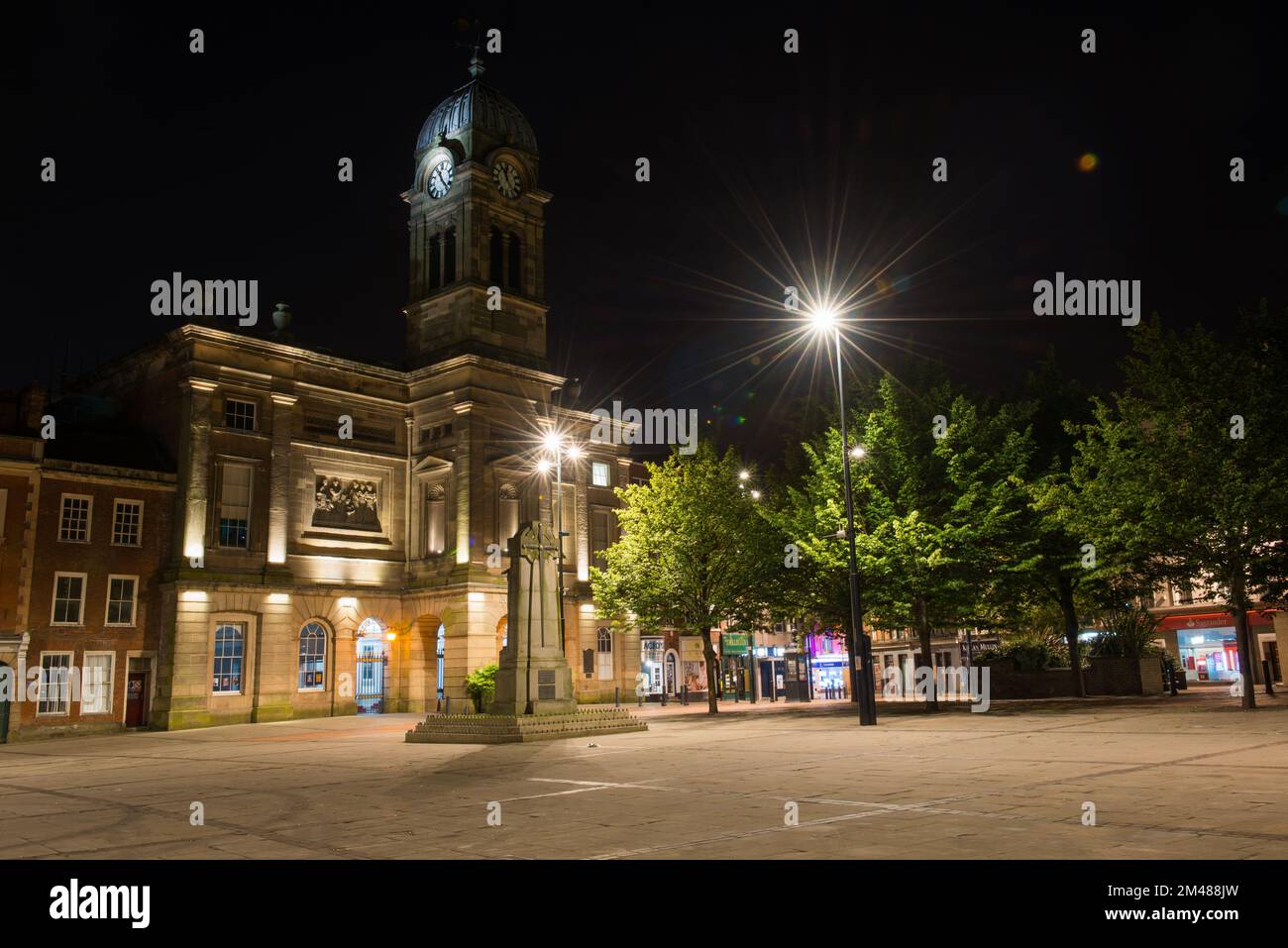 Market place derby at night. View towards Guildhall Clock Tower ...