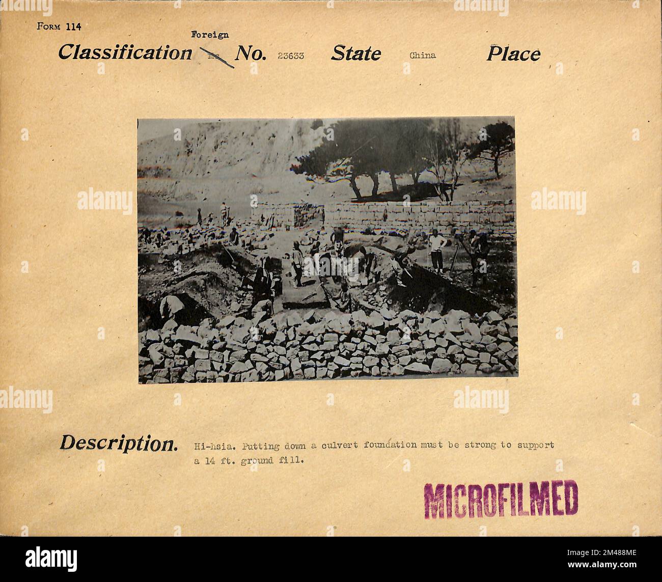 Hi-hsia. Original caption: Hi-hsia. Putting down a culvert foundation ...