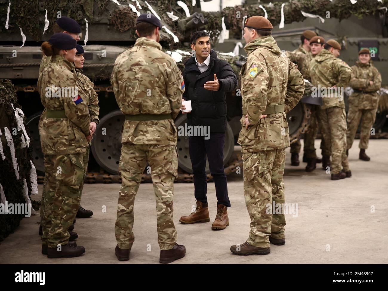 Prime Minister Rishi Sunak talks with troops at the Tapa military base ...