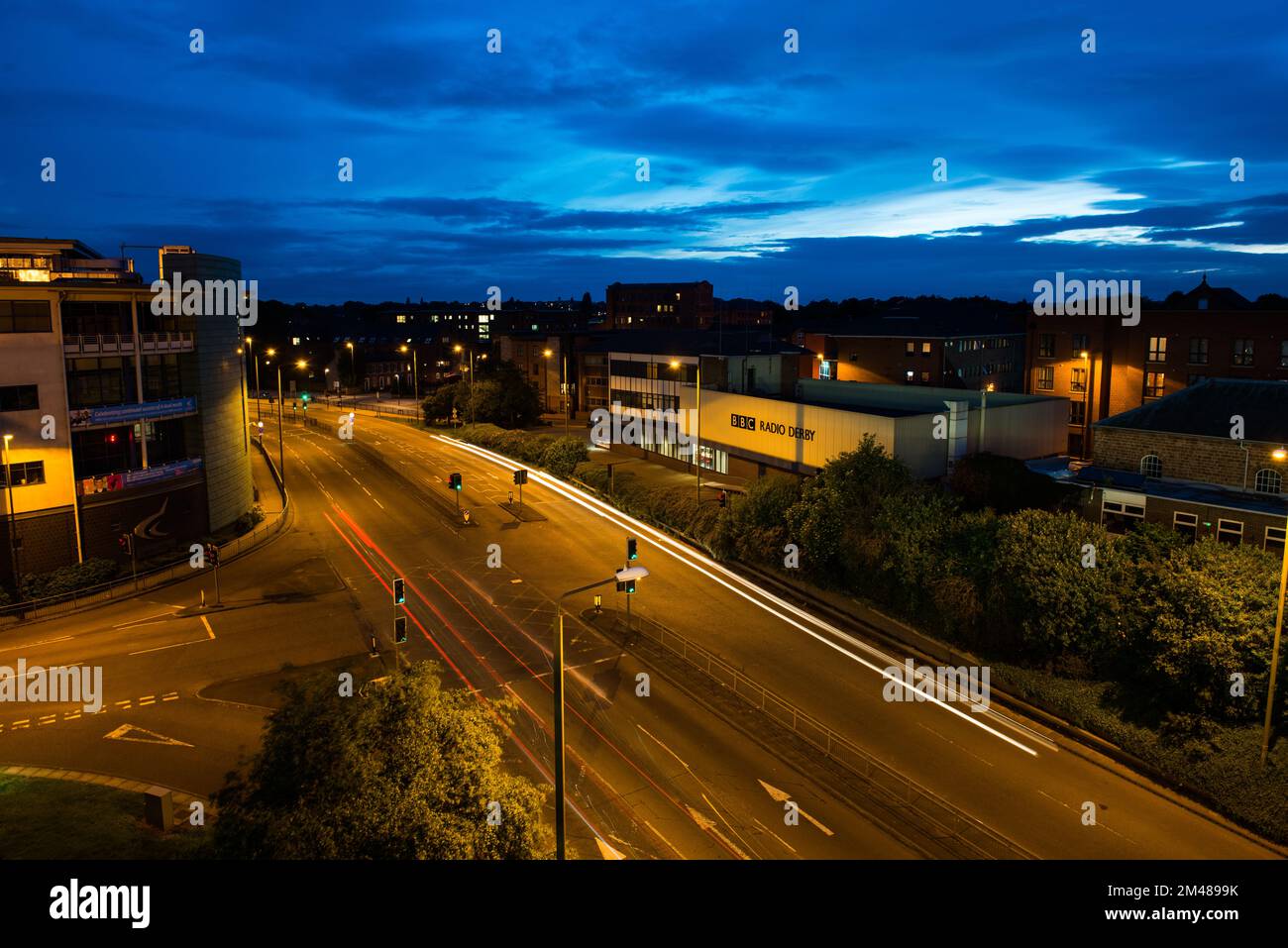 Aerial view of lara croft way in derby, at night with radio derby and ...