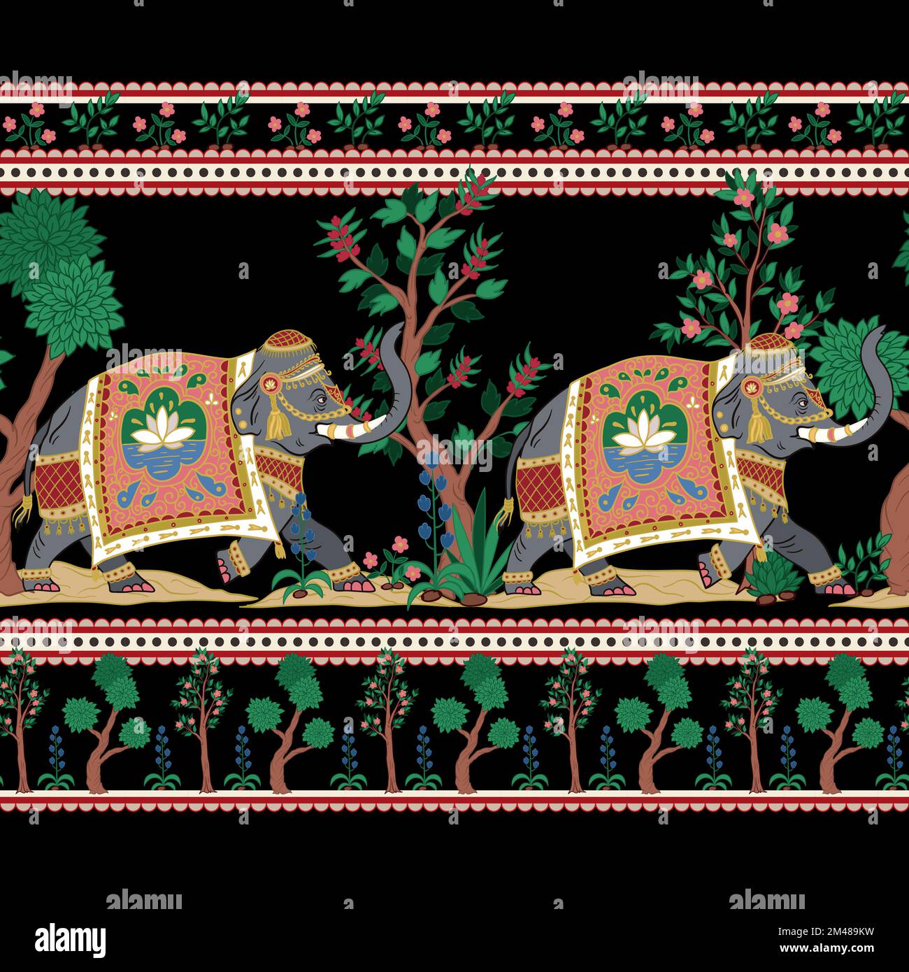 Seamless pattern with Indian elephants and decorative elements. Vector Stock Vector Image & Art ...