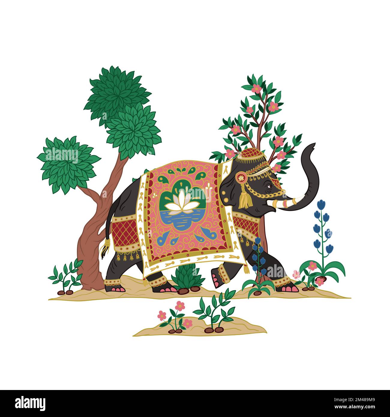 Indian elephant with trees and plants isolated. Vector Stock Vector ...