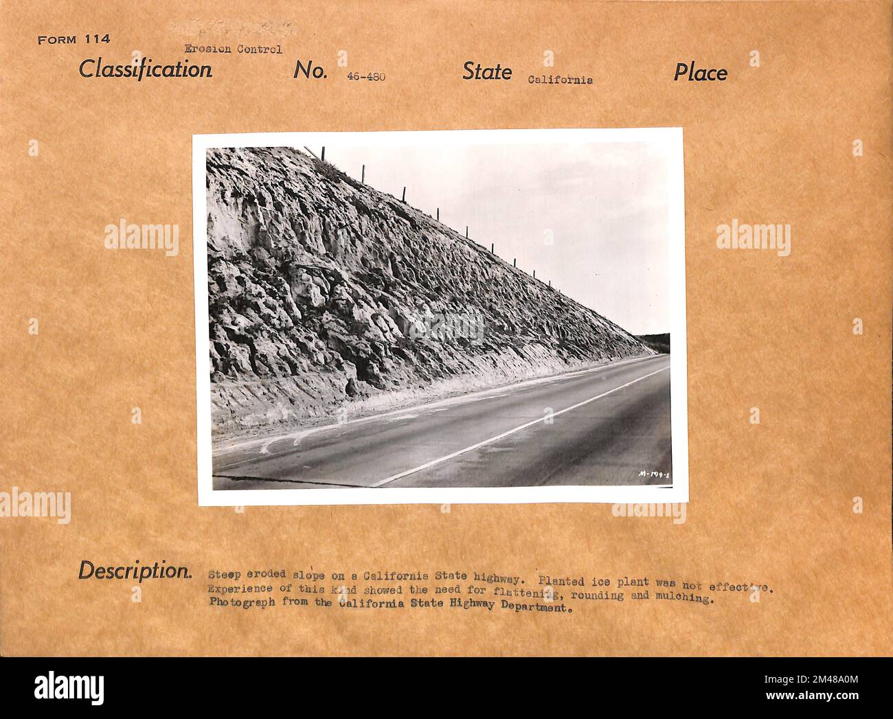 Steep eroded slope on a California State highway. Original caption ...