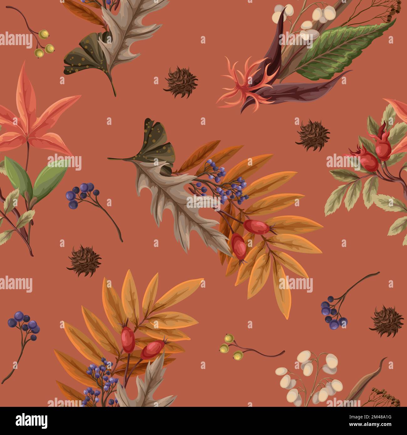 Seamless pattern with autumn leaves and dried plants. Vector Stock ...