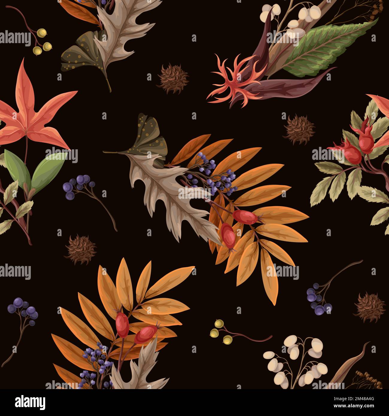 Seamless pattern with autumn leaves and dried plants. Vector Stock ...
