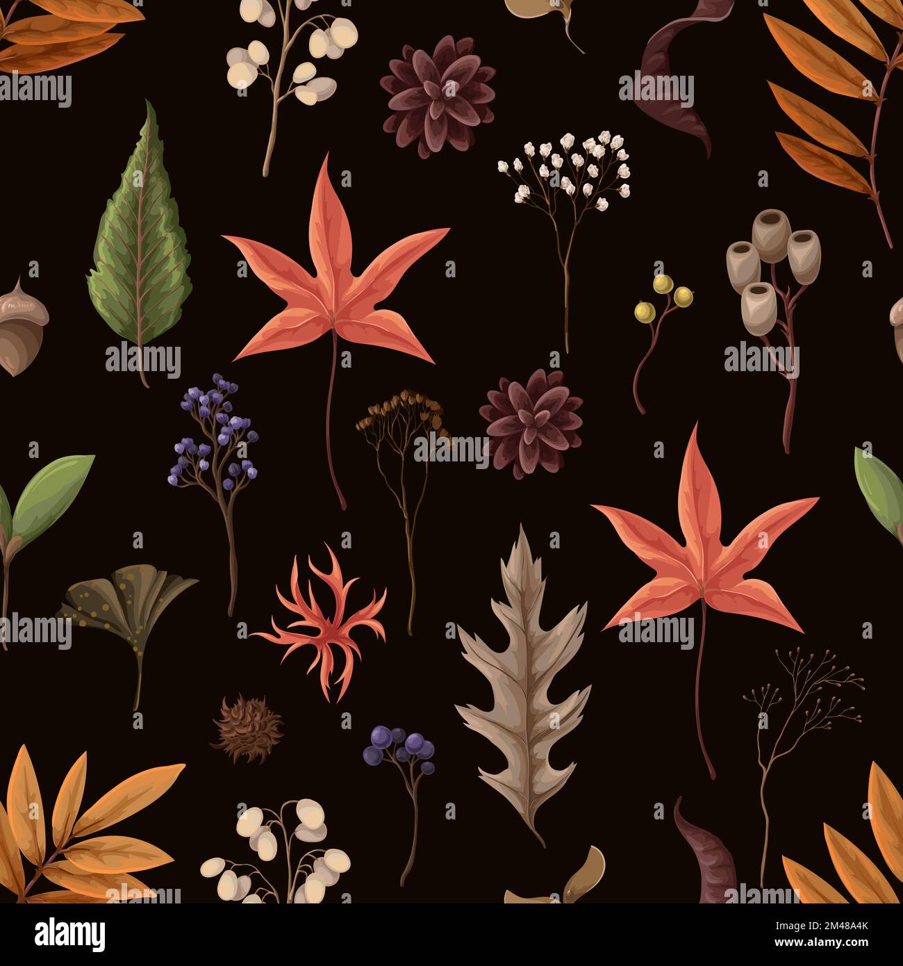 Seamless pattern with autumn leaves and dried plants. Vector Stock ...