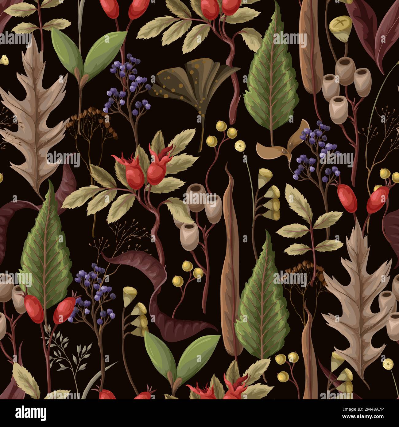 Seamless pattern with autumn leaves and dried plants. Vector Stock ...