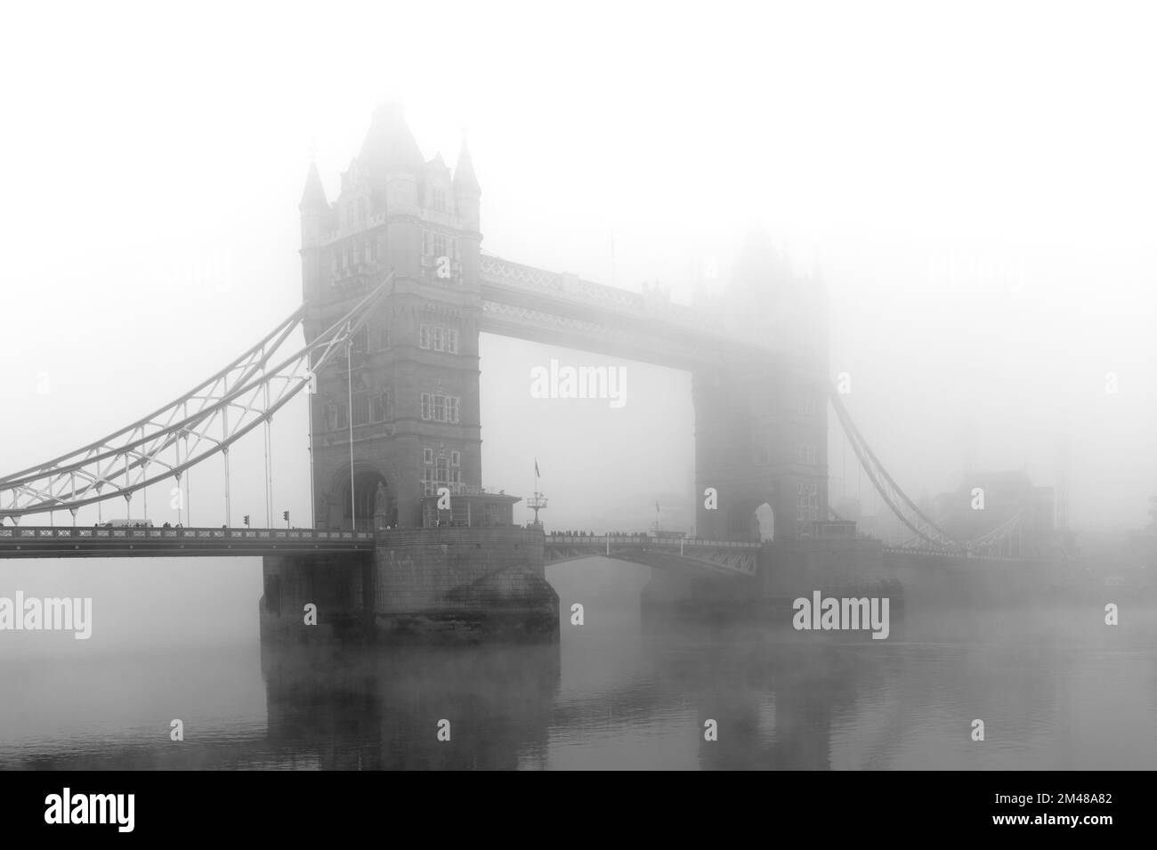 Tower Bridge London in fog in black and white in Great Britain Europe ...