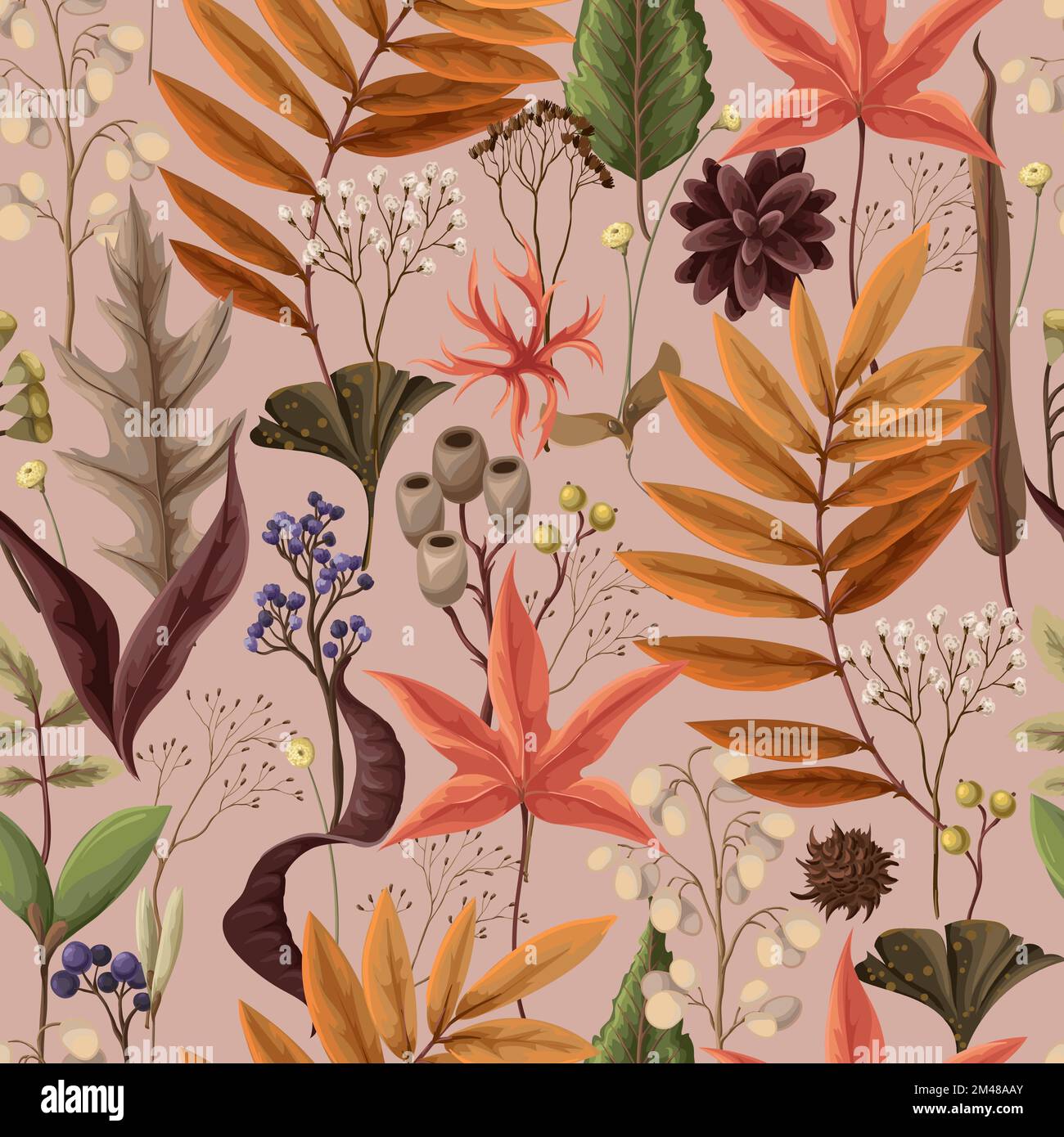 Seamless pattern with autumn leaves and dried plants. Vector Stock ...