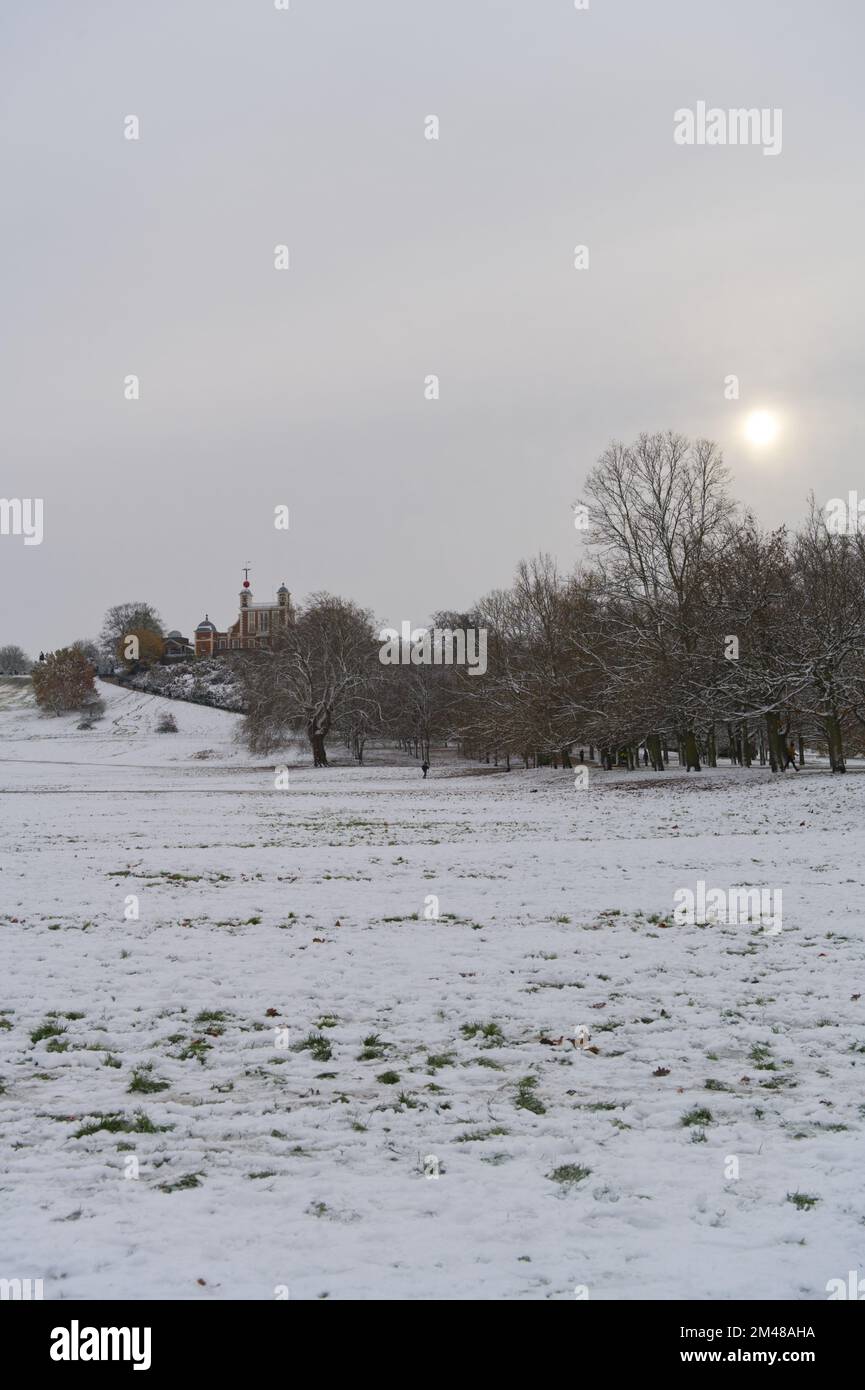 Observatory Greenwich London in Great Britain in Winter covered by snow ...