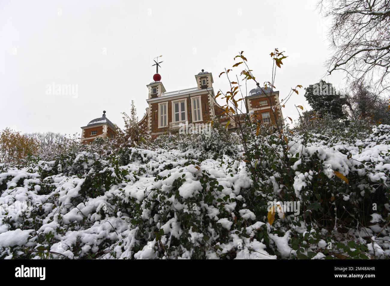 Observatory Greenwich London in Great Britain in Winter covered by snow ...
