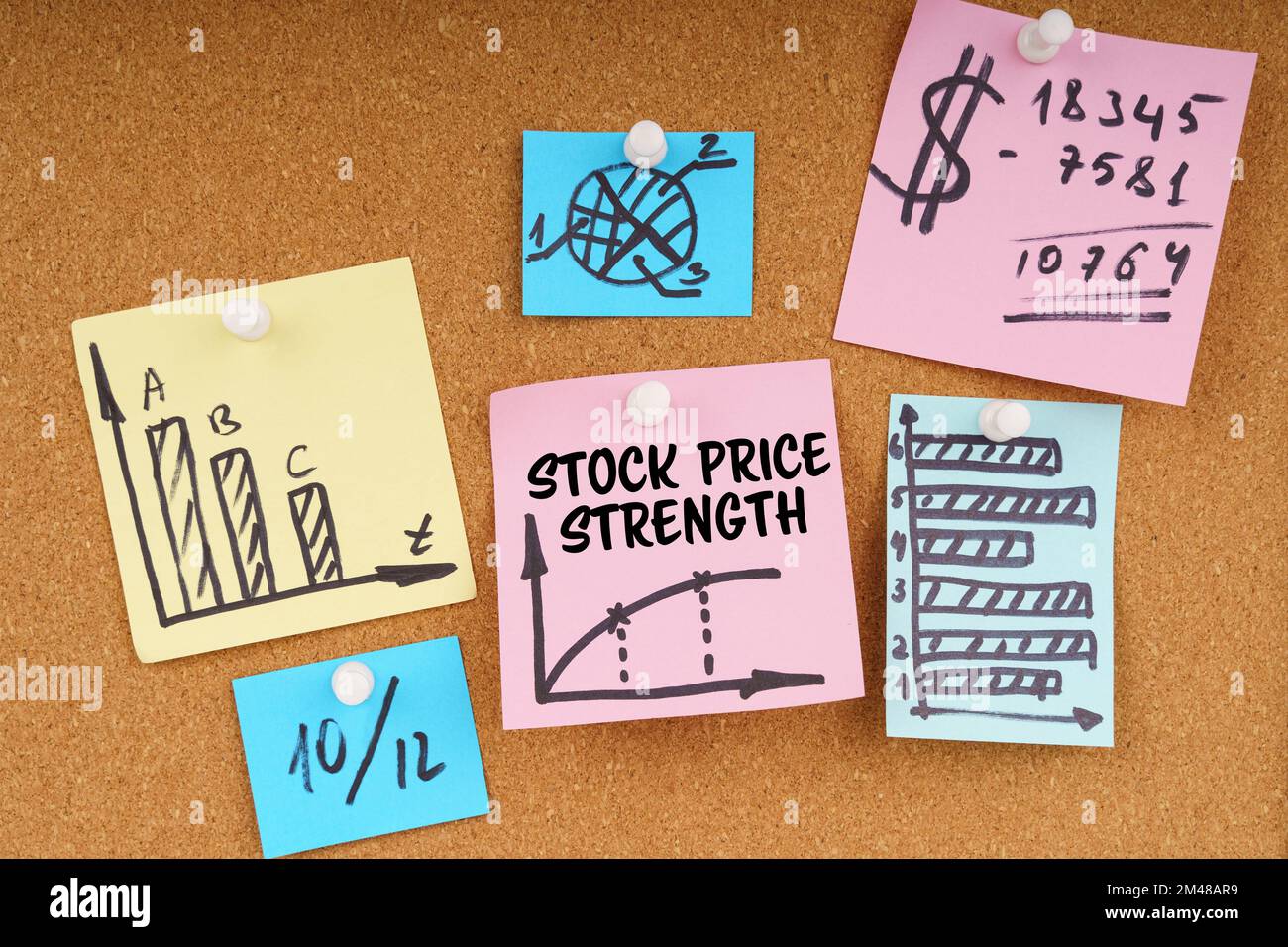 Business concept. On the board are stickers with graphs and diagrams ...