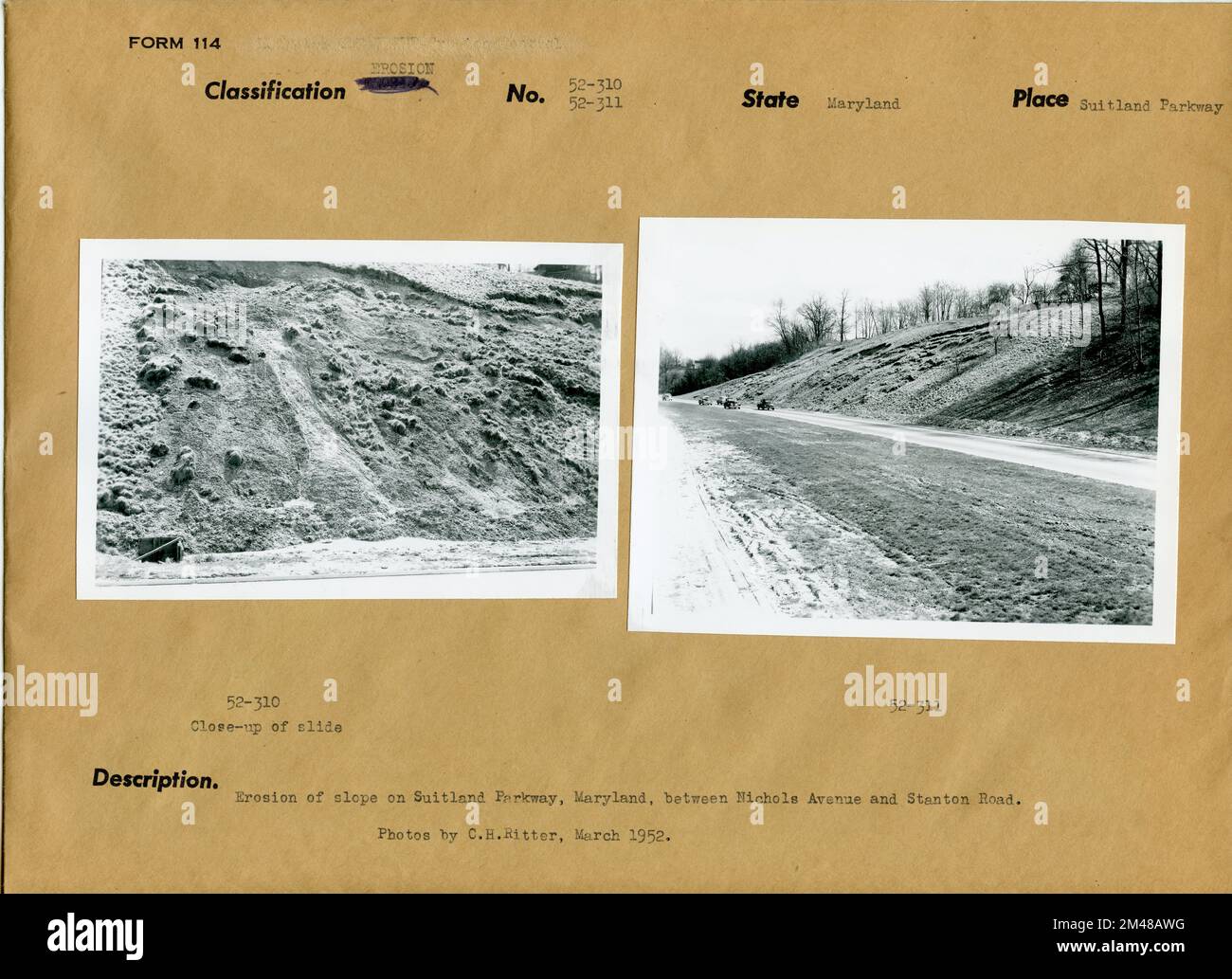 Eroded slope on Suitland Parkway. Original caption: Erosion of slope on ...