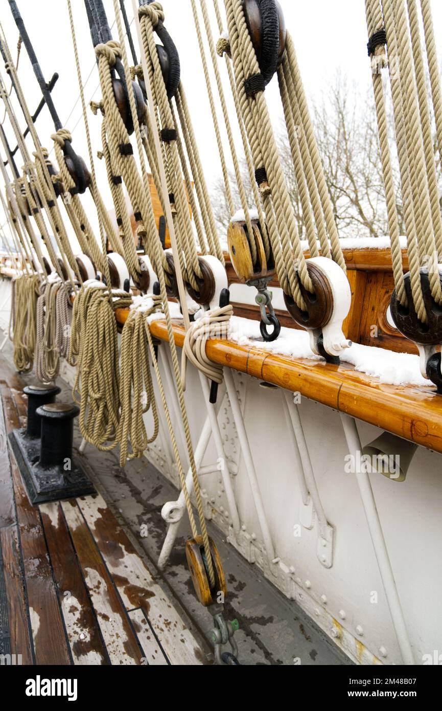 Rigging (rope) on a historic sailing ship in winter Stock Photo - Alamy