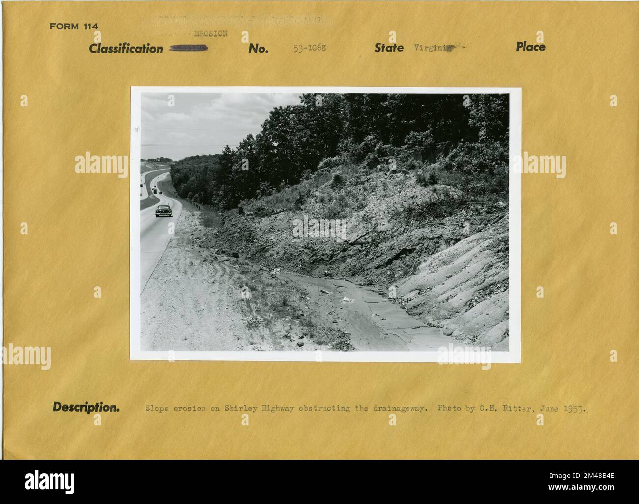 Erosion along Shirley Memorial Highway. Original caption: Slope erosion ...