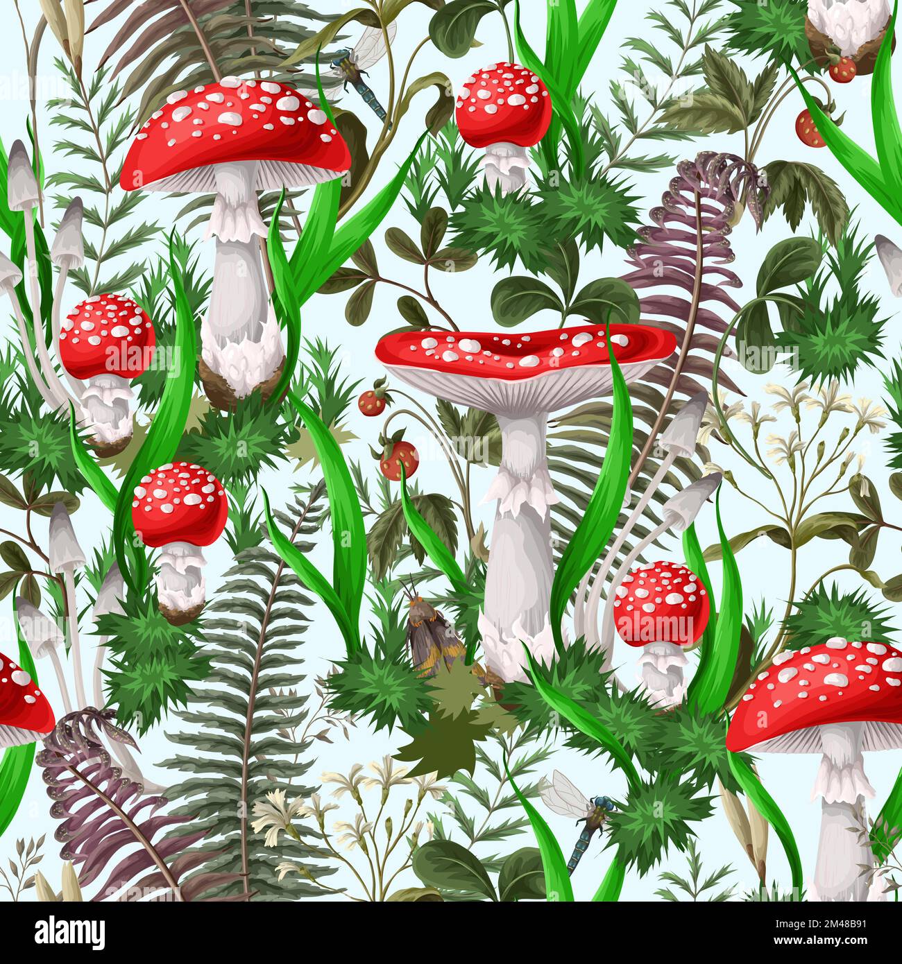 Seamless pattern with fly agaric, other mushrooms and plants. Vector ...