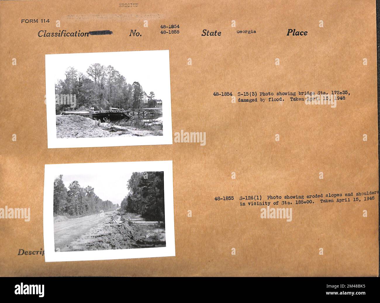 Photos showing eroded slopes and shoulder and bridge damaged by flood ...